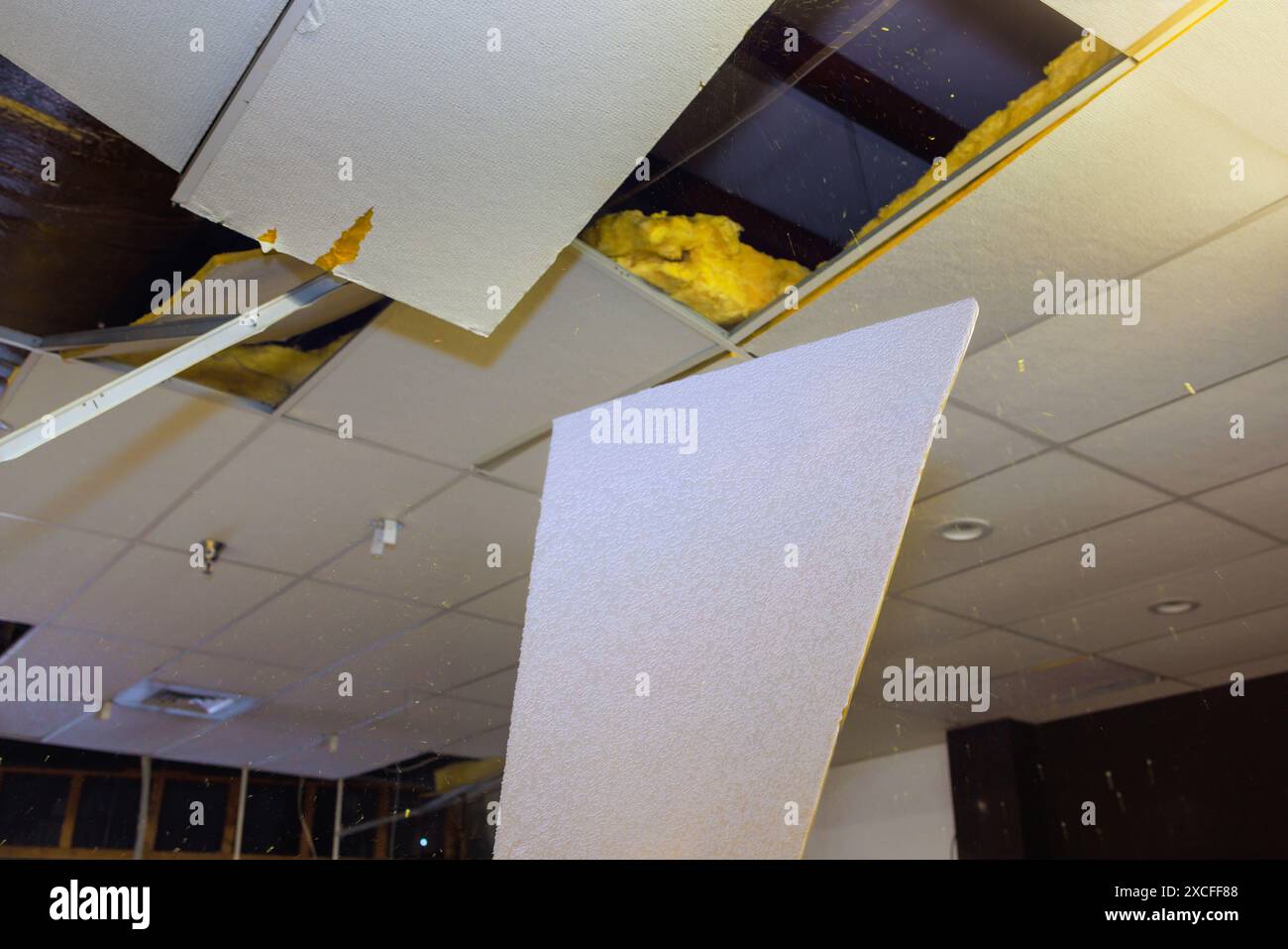 Demolition with broken internal ceilings interior building renovation ...