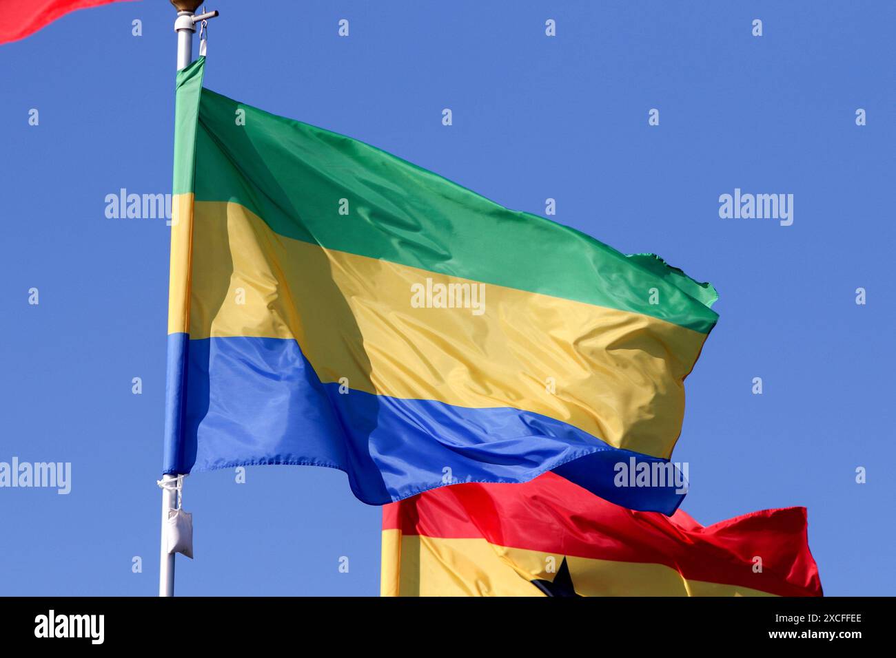 Saint Petersburg, Russia. 09th June, 2024. The flag of Gabon seen in ...