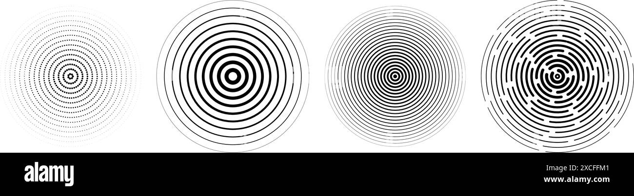 Black radial circle set. Sonar or sound wave ring collection. Halftone ...