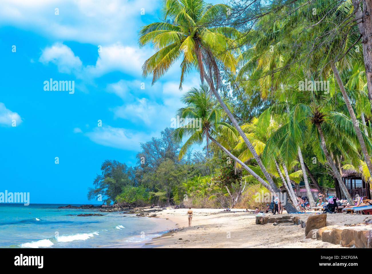 Nice beach in Phu Quoc island Vietnam. The bay with blue water, coconut ...