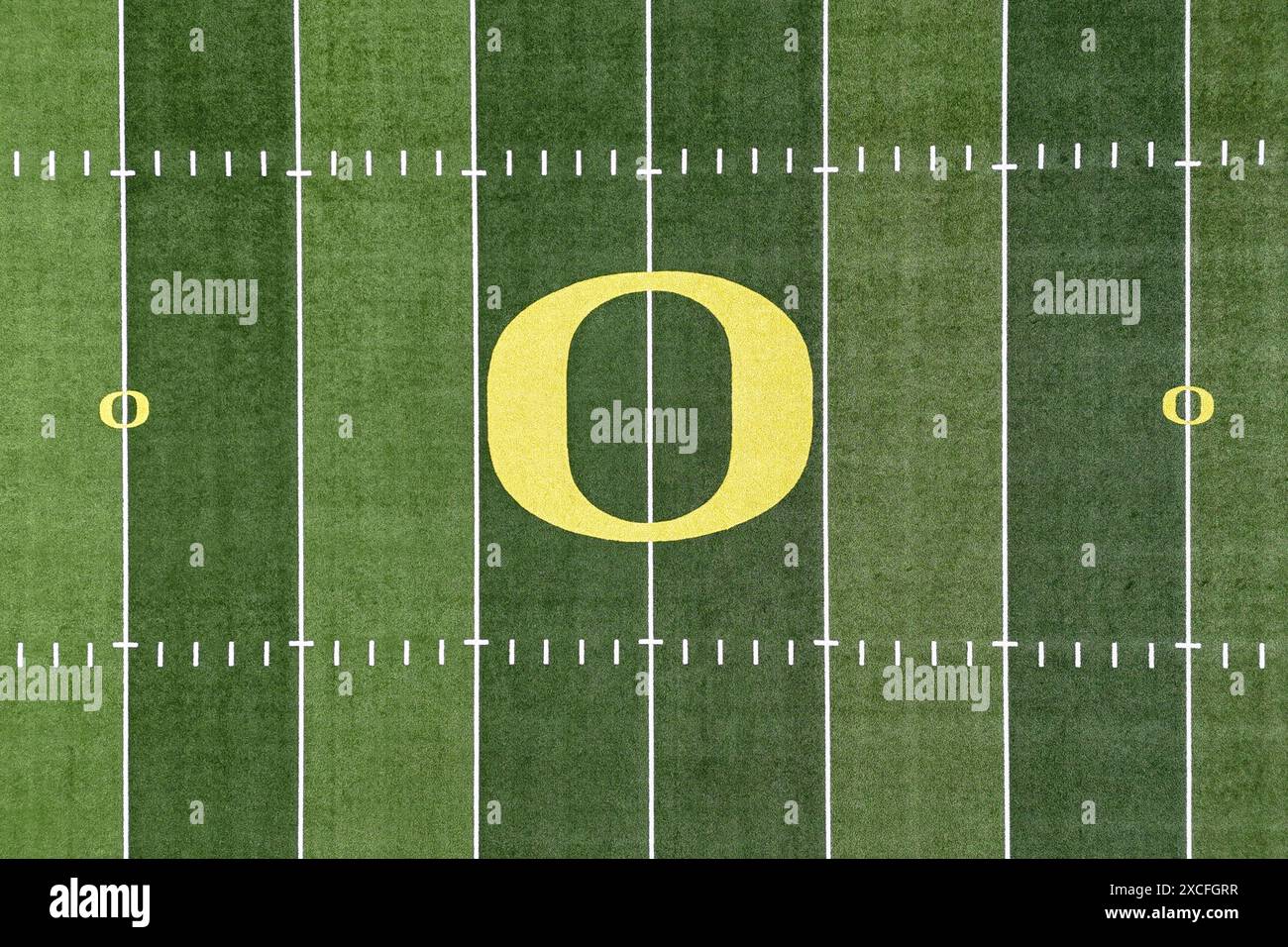 The Oregon Ducks logo on the Autzen Stadium Football field on the ...