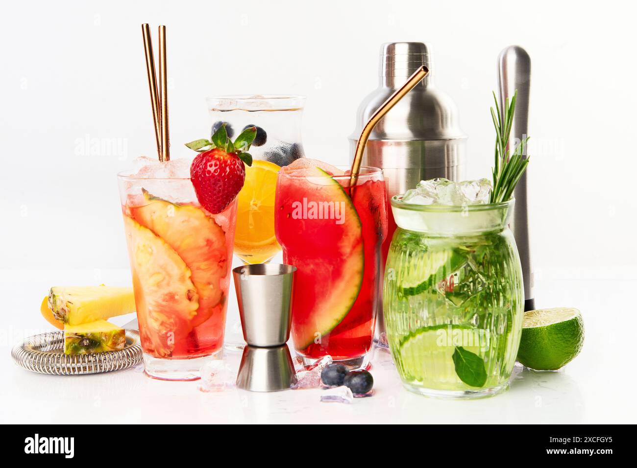 Spring or summer refreshing cold cocktails or mocktails with berries ...