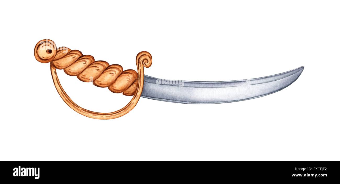 Saber with brass hilt, watercolor illustration. A curved melee infantry ...