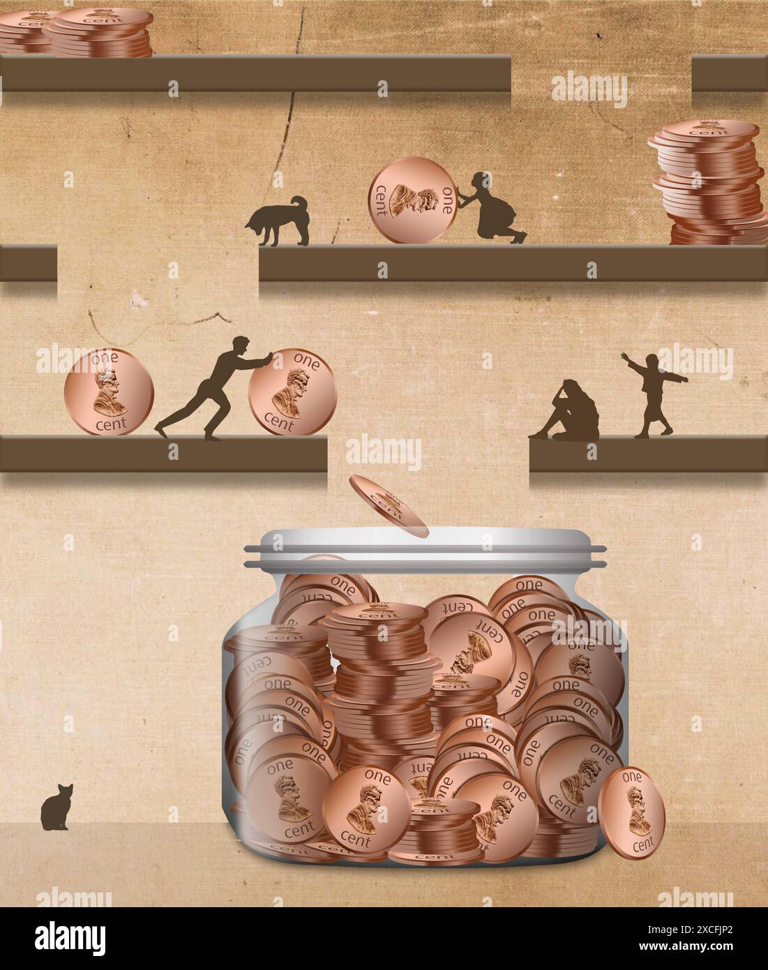 A family saves their pennies and parents show their children how it is ...