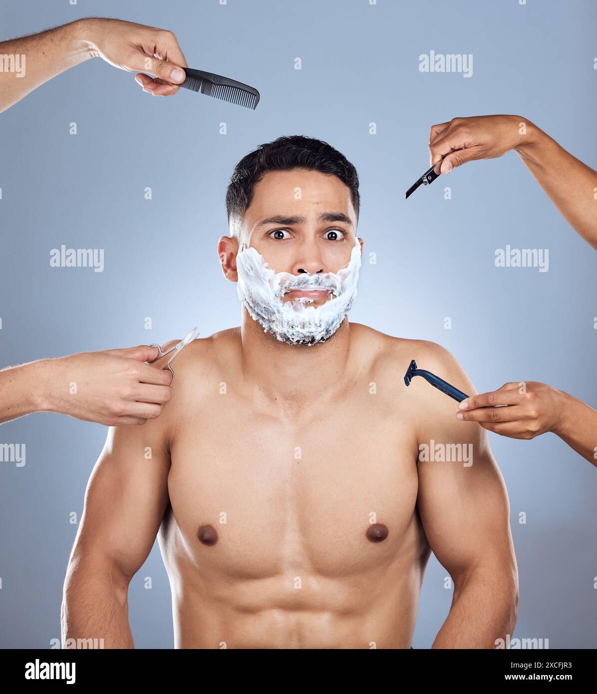 Hygiene, confused portrait and man in studio with body, shaving foam ...