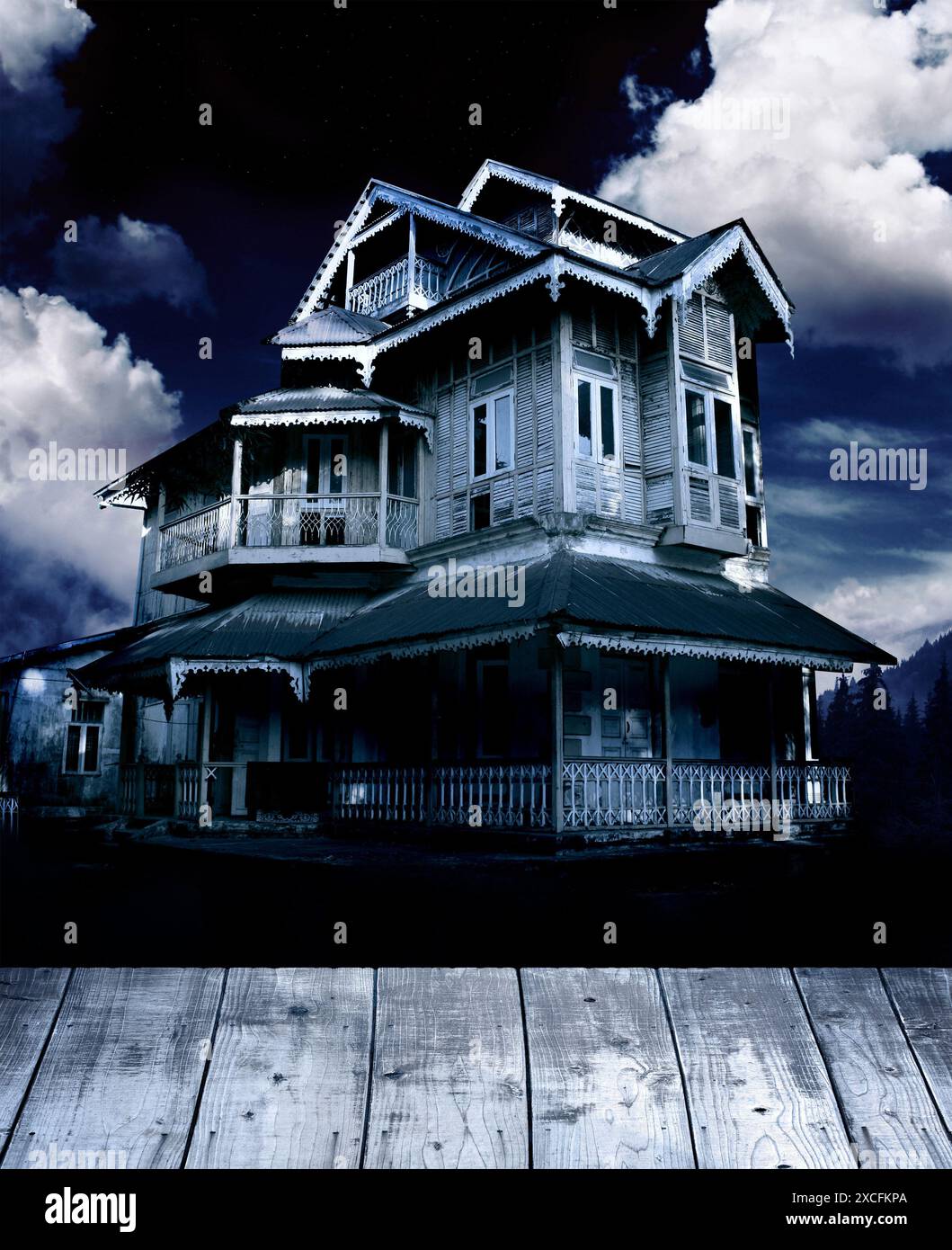 Halloween banner with haunted house and blank wooden table top. Wood ...