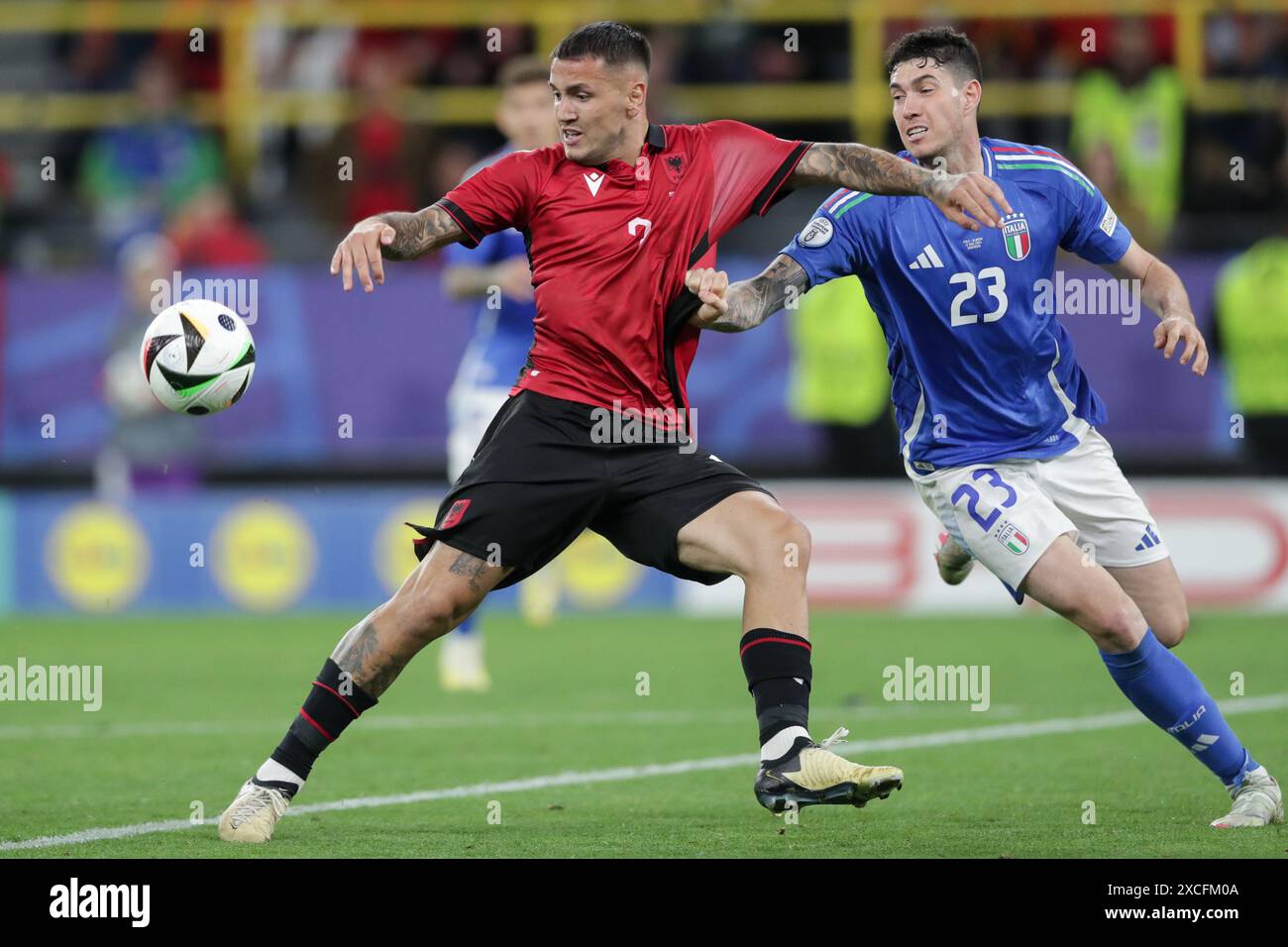 Ivan Balliu of Albania (L) and Alessandro Bastoni (P) Italy in action ...