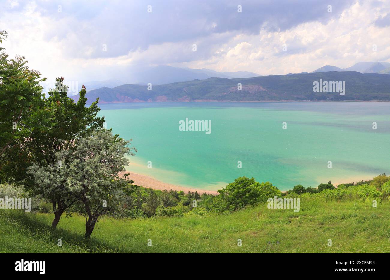 Aerial view of the Charvak reservoir, Tashkent region, Uzbekistan ...