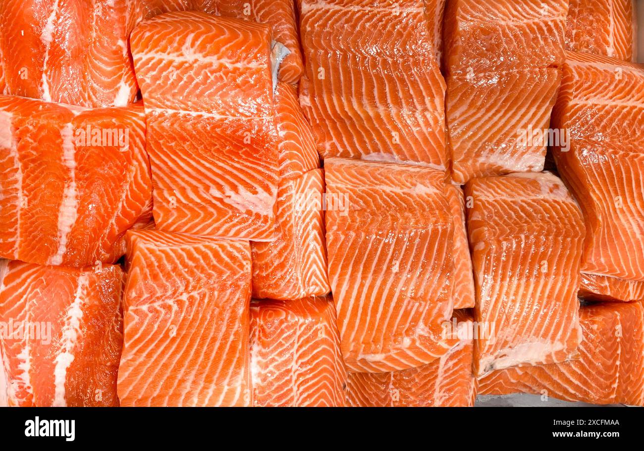Top view of salmon fillet display for selling in wet market Stock Photo ...