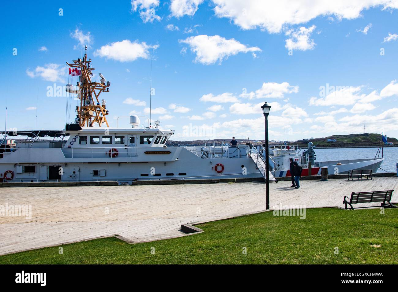 US Coast Guard boat docked at the waterfront boardwalk in Halifax, Nova ...