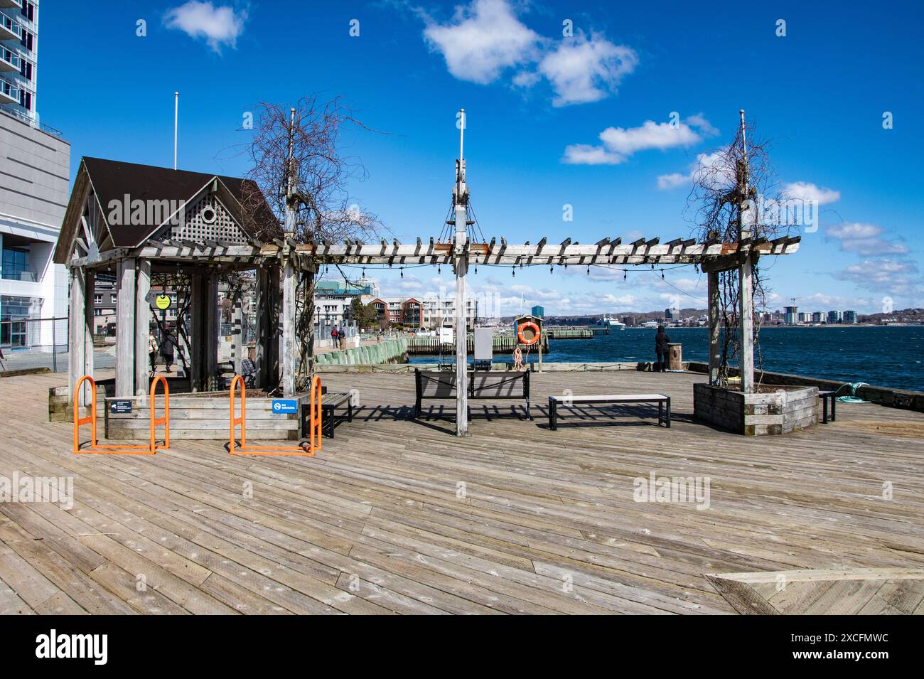 Gazebo and benches at the waterfront boardwalk in Halifax, Nova Scotia ...