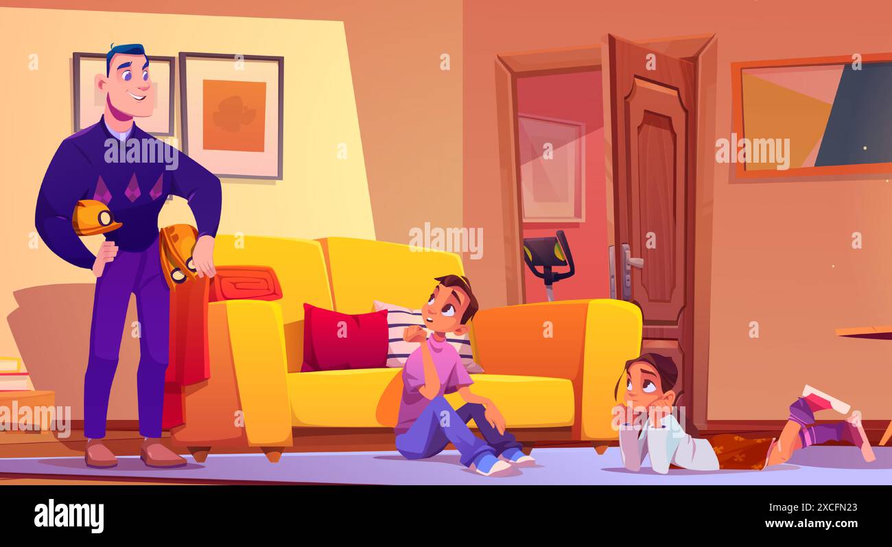 Father inviting kids to seek adventures together. Vector cartoon ...