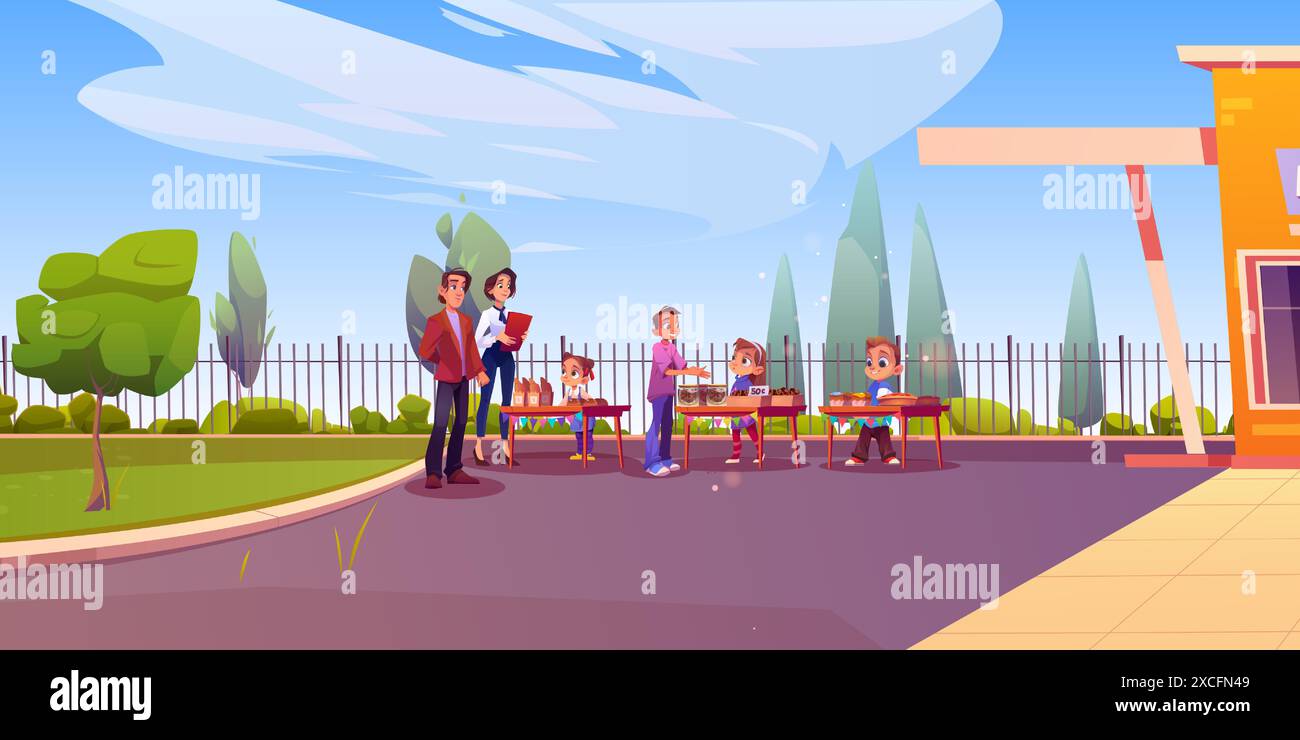 Charity trade fair in school yard. Vector cartoon illustration of happy ...