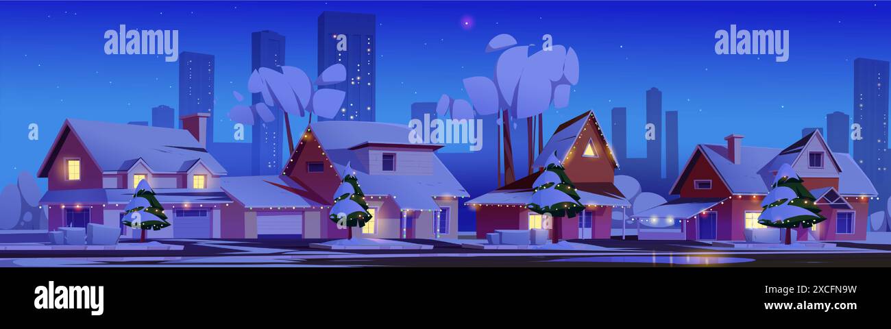 Winter snow village with suburb house landscape background. Night ...