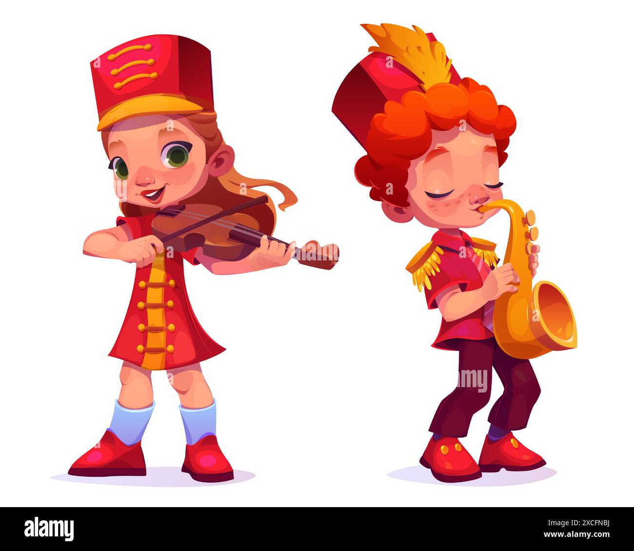 Cute kids in march parade red uniform with musical instruments. Little ...