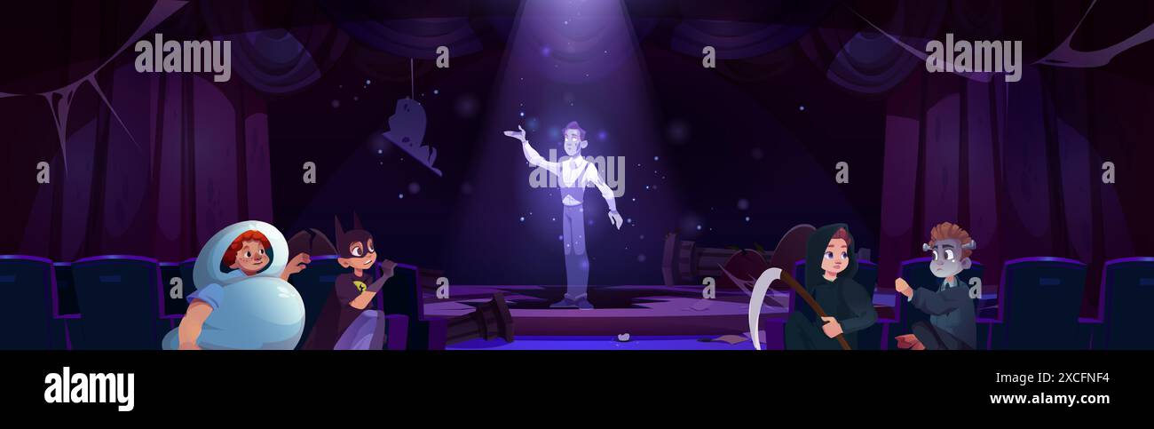 Children hiding from ghost in abandoned theater. Vector cartoon ...