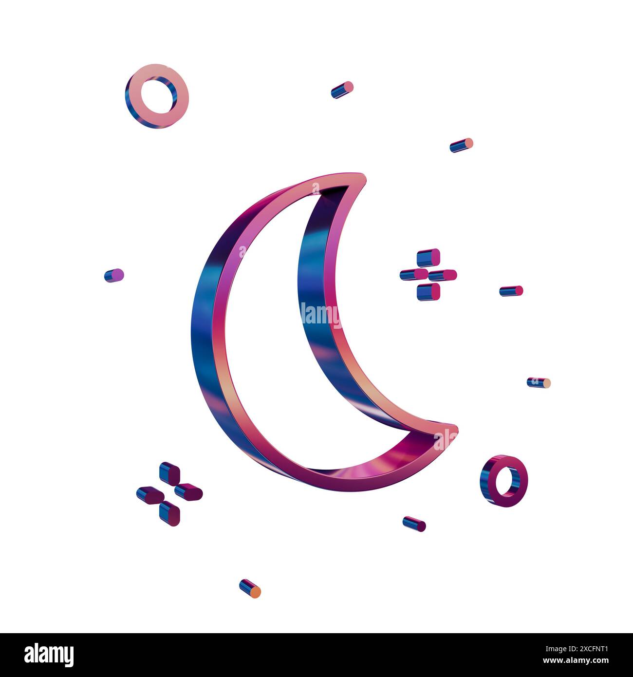 3D Neon Retro Icon - Crescent Moon with Floating Symbols Stock Photo - Alamy