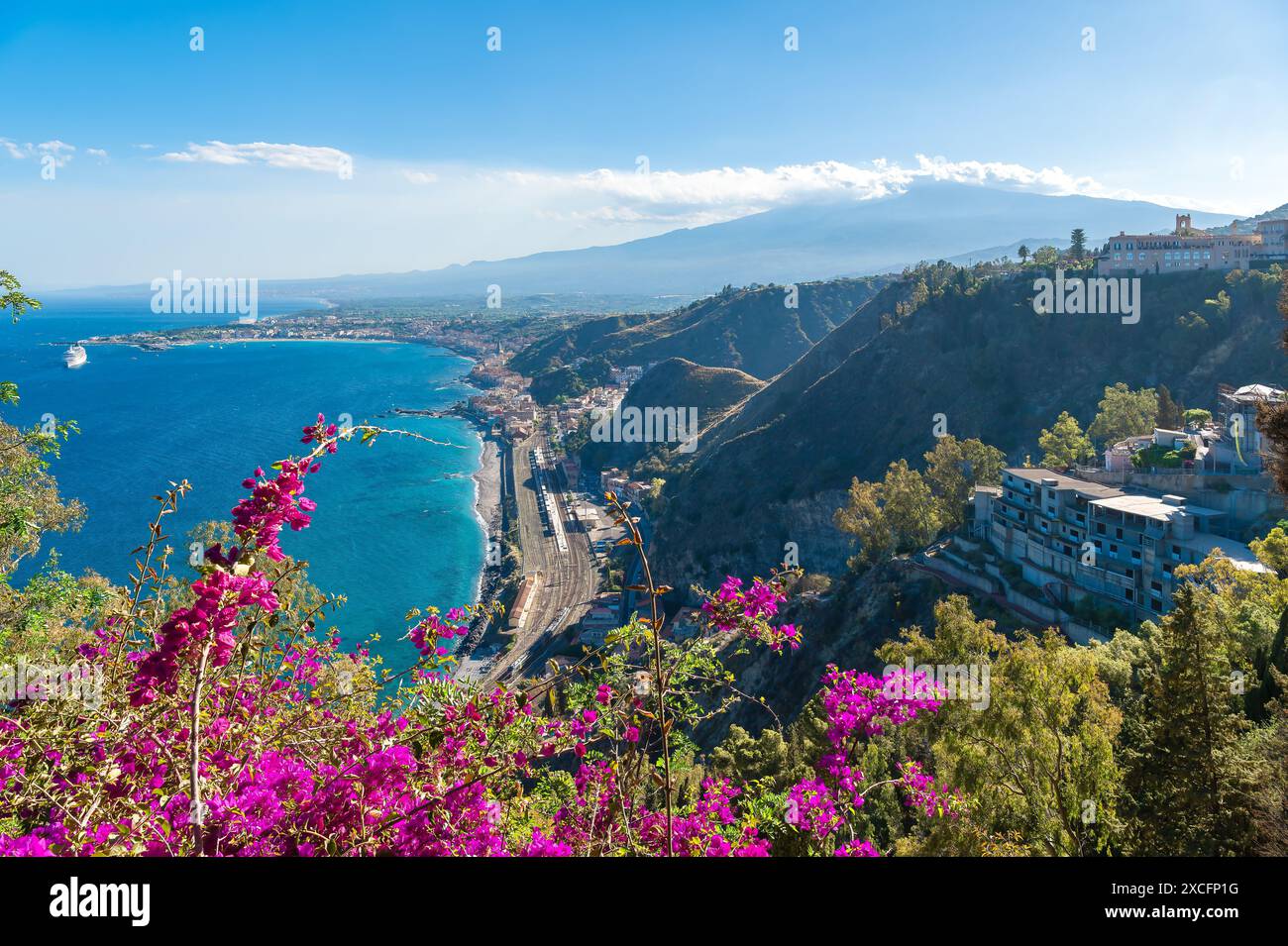 Landscape with Etna volcano and Taormina town aerial panoramic view ...