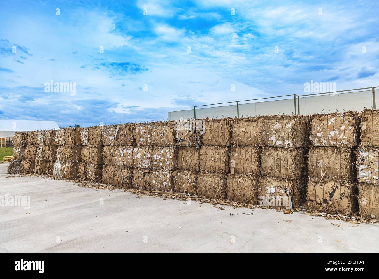 Large bales of compressed cardboard ready for recycling, stored outside ...