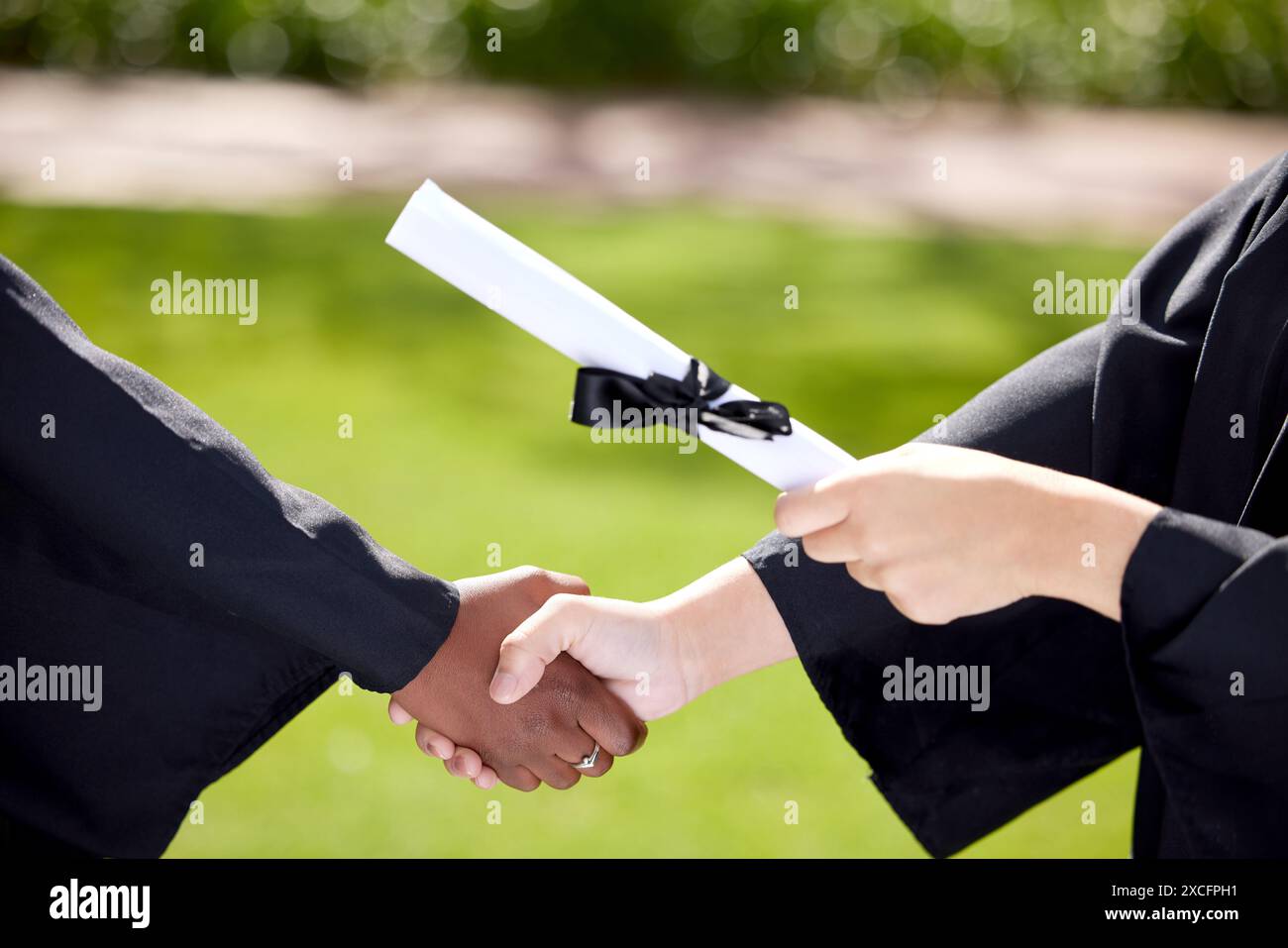 University, handshake and hands of people at graduation with degree for ...
