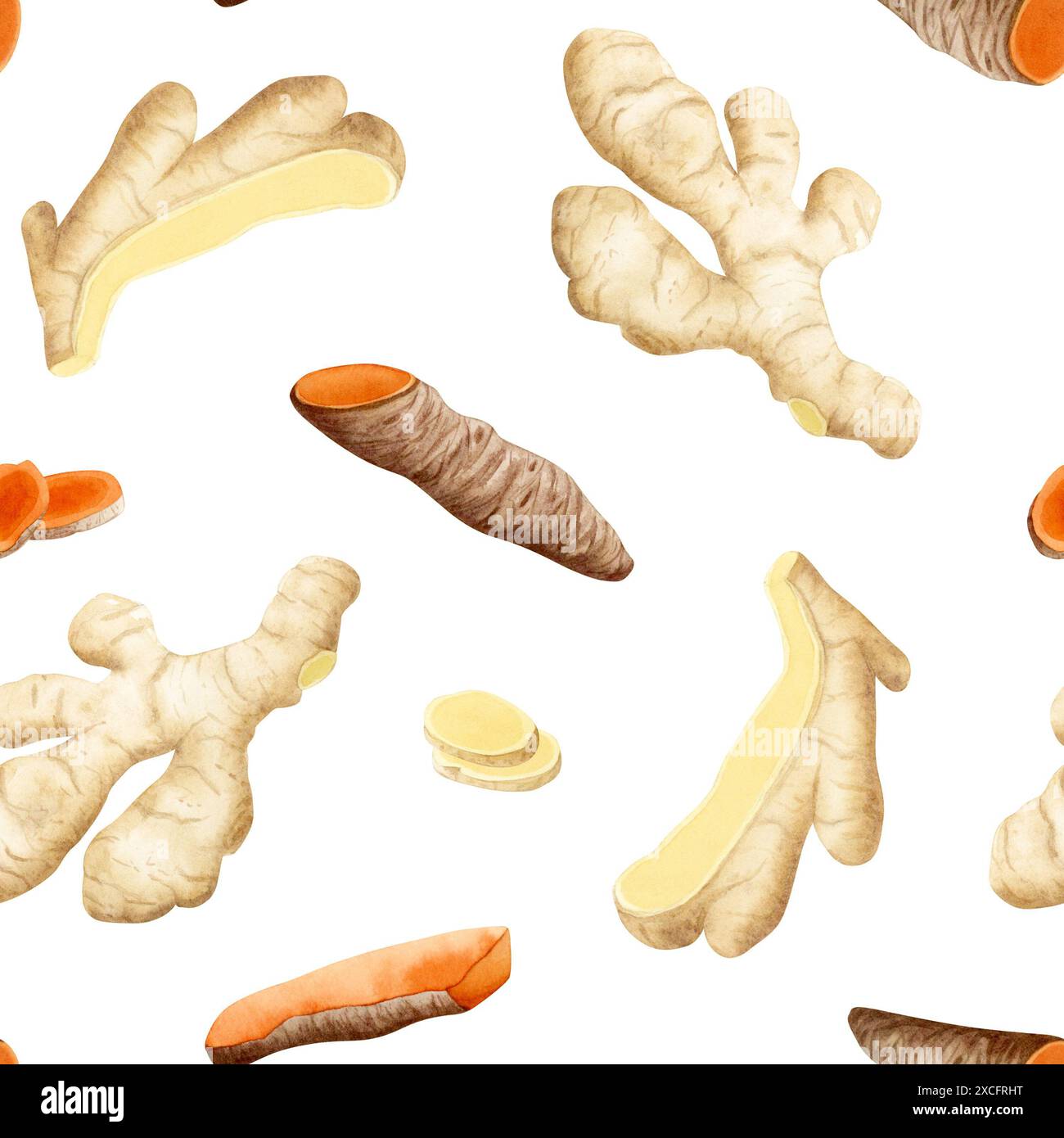 Ginger and turmeric roots with slices watercolor seamless pattern on ...