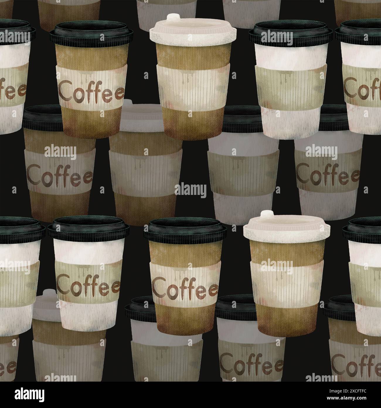 Digital art of coffee cups with lids in patterns. Neutral colors and ...