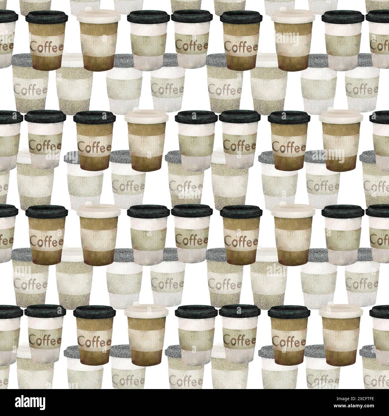 Digital art of coffee cups with lids in patterns. Neutral colors and ...