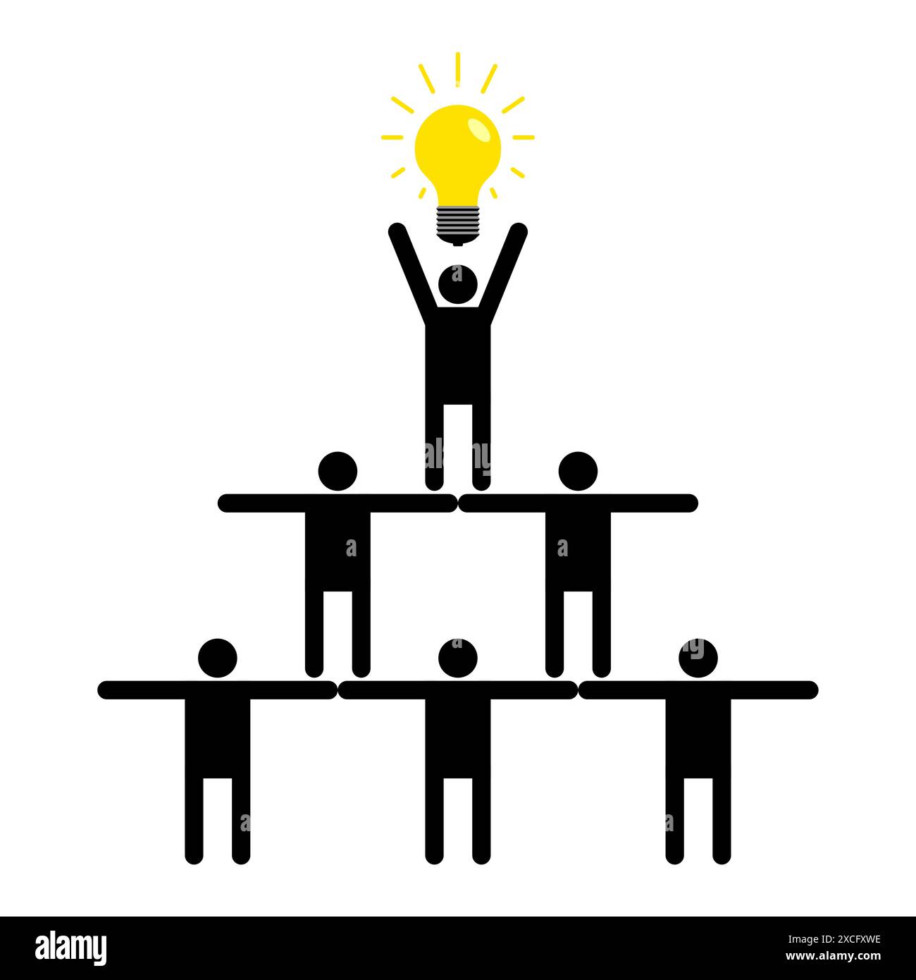 Team decision. Team holds light bulb above their heads. Concept of finding an idea in a team ...