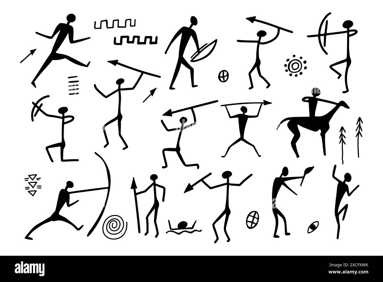 Cave silhouettes of early humans, accompanied by horses, deer, and ...