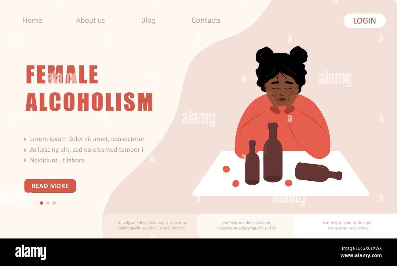 Female alcoholism. Landing page template. Sad african girl sitting at ...