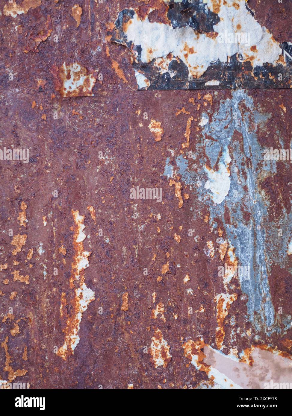 Rusty metal wall texture with corrosion and remnants of torn posters ...