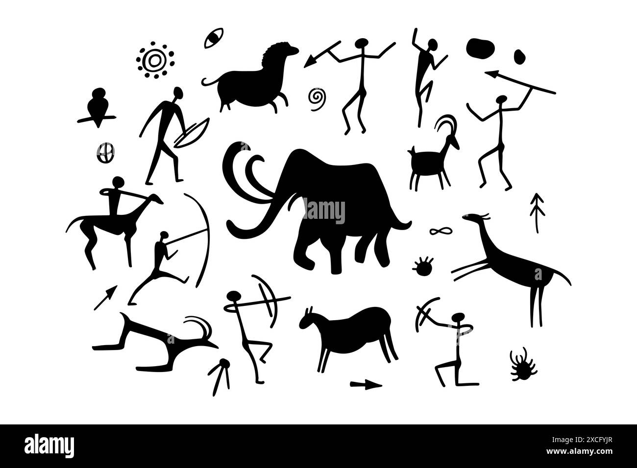 Cave silhouettes of early humans, accompanied by horses, deer, and ...