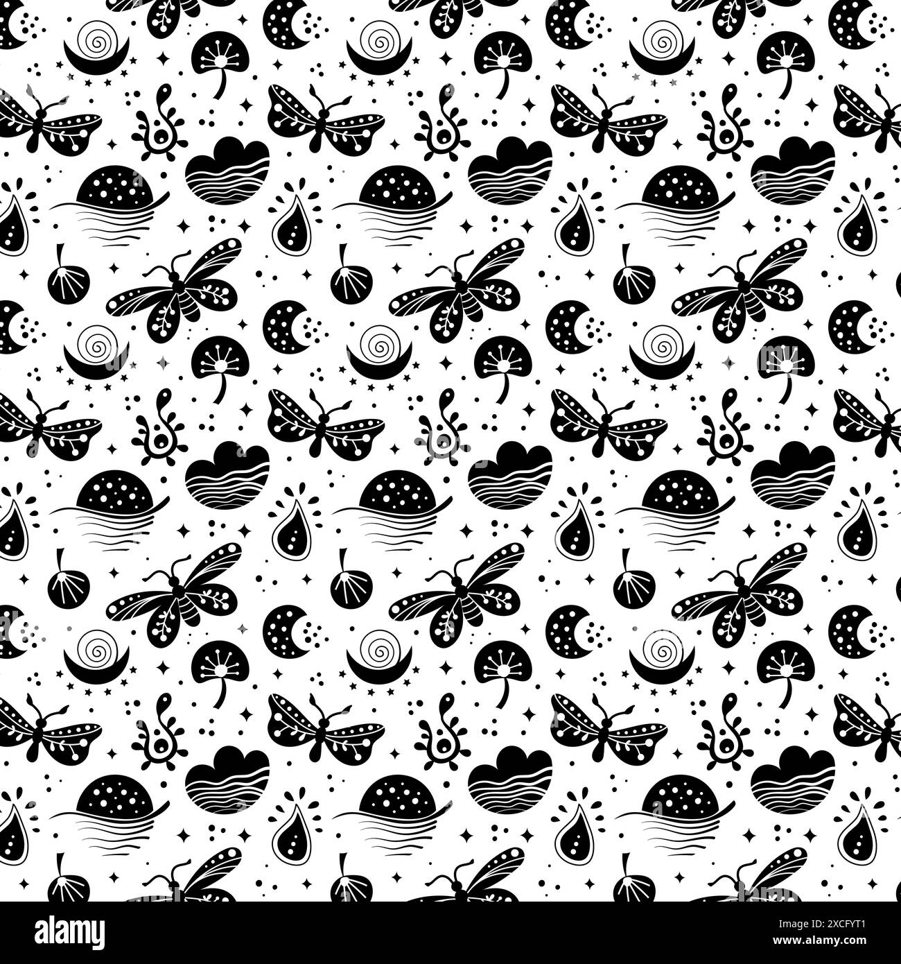 Seamless neo folk art vector pattern with butterfly, moth and flowers ...