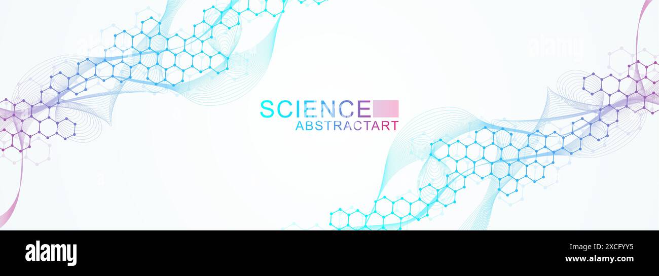 Modern scientific background with hexagons, lines and dots. Wave flow ...