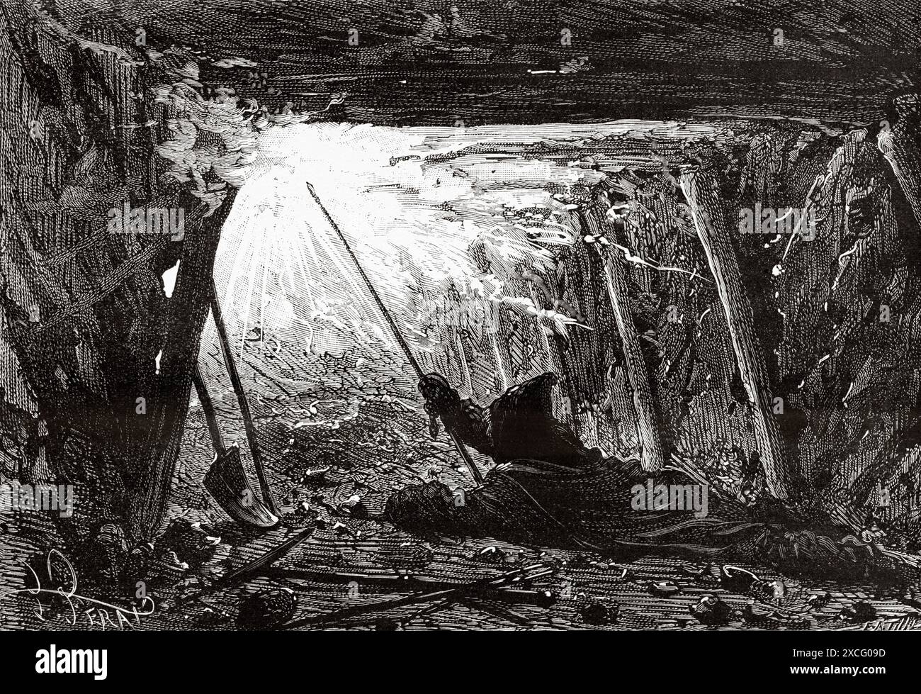 The penitent setting fire to grisu gas in a coal mine. Old 19th century ...