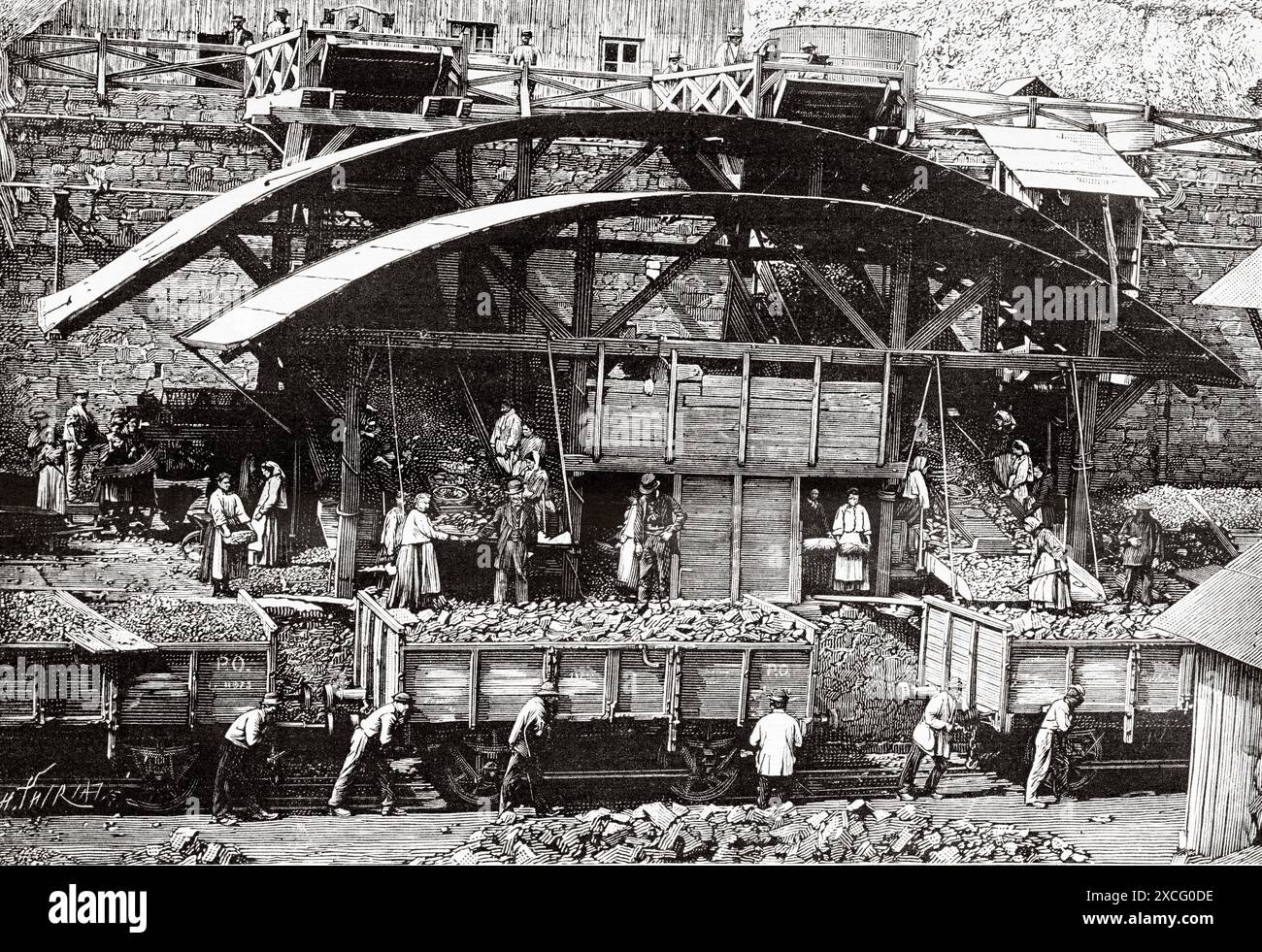 Coal sorting in Decazeville, Aveyron. France. Old 19th century engraved ...