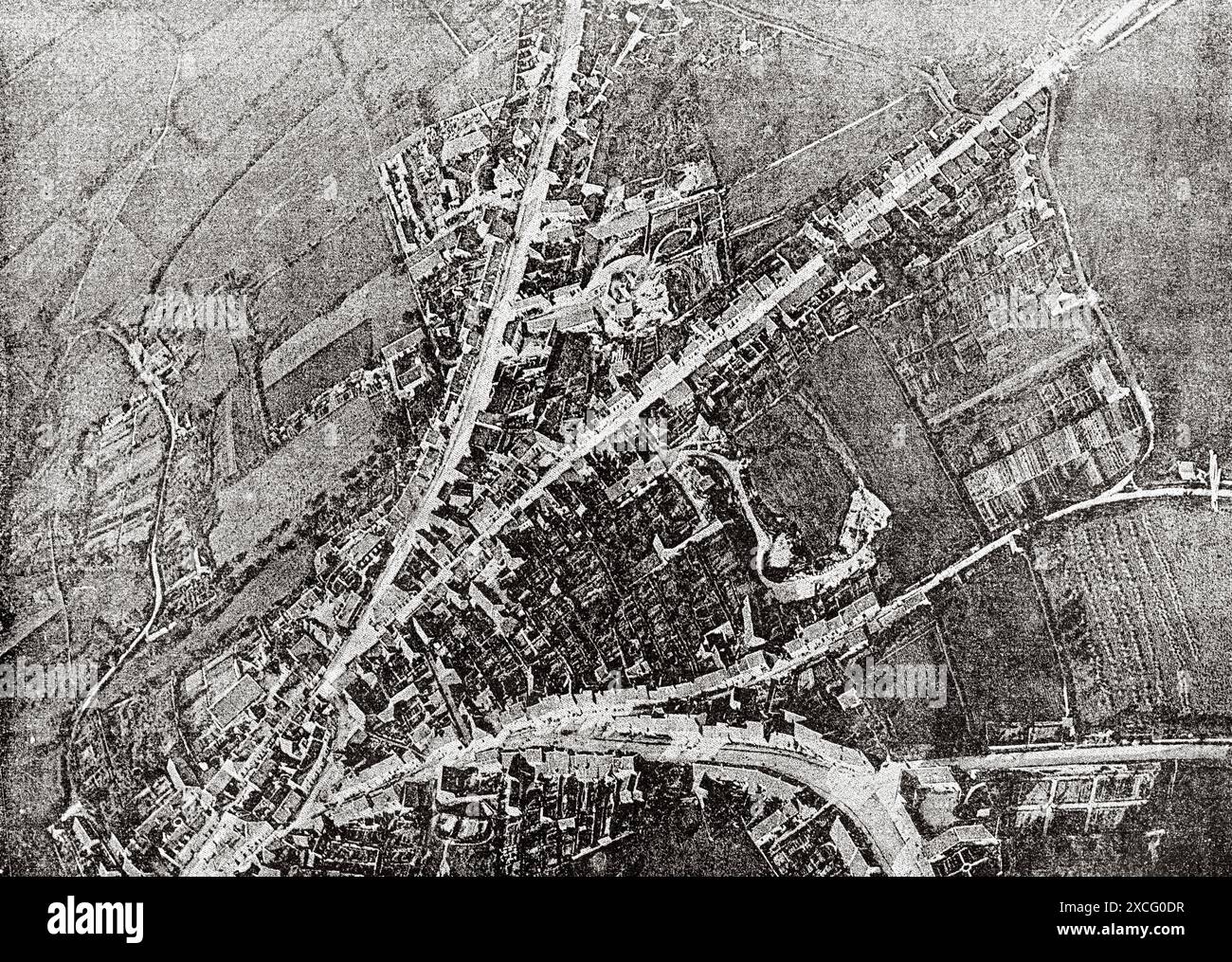 Balloon photography. Partial view of the town of Bellême at an altitude ...
