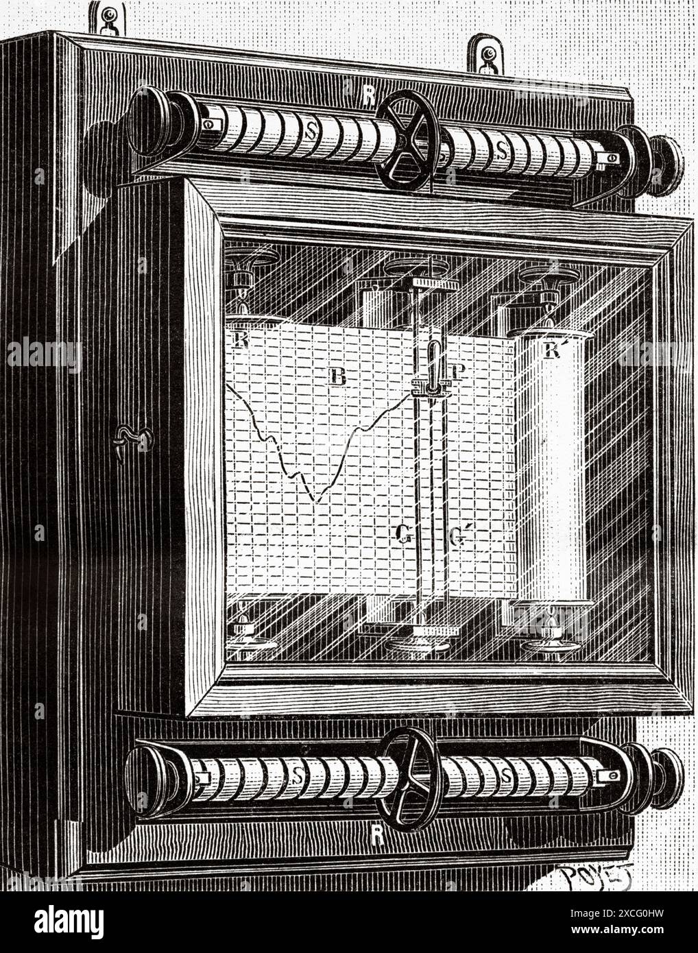 Old recording hygrometer by Albert Nodon. Old 19th century engraved ...