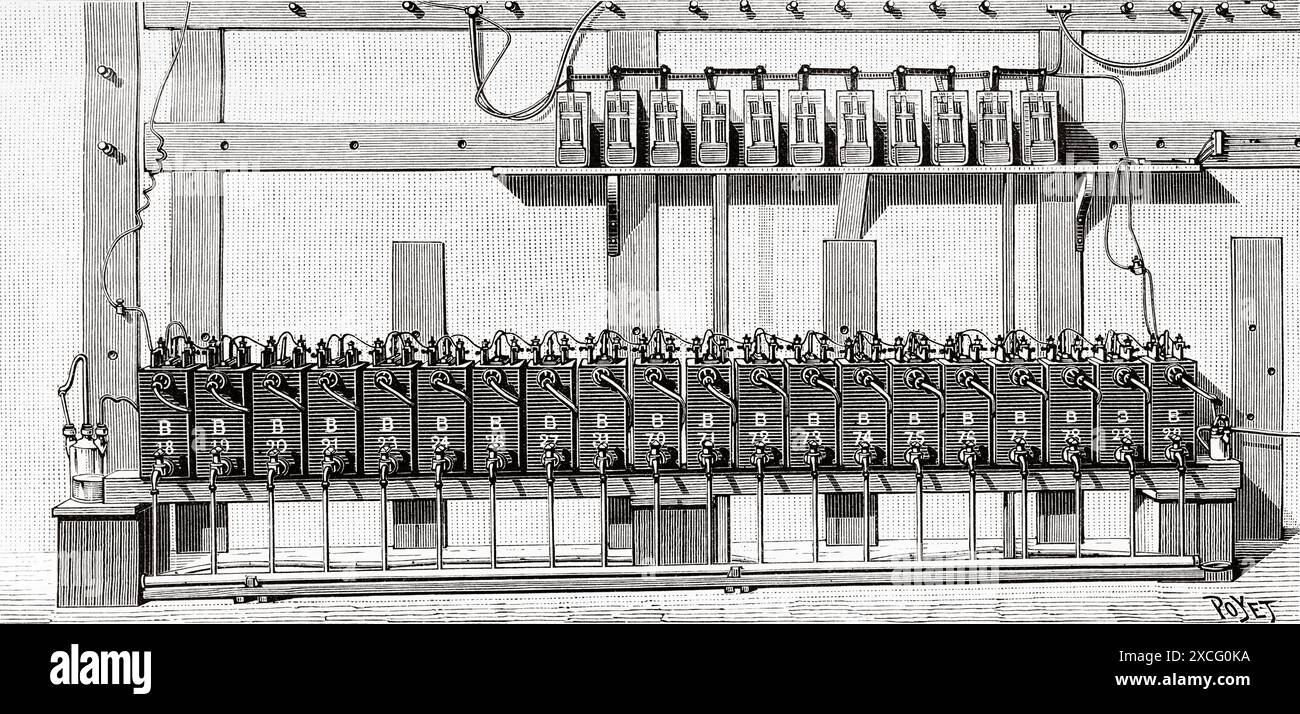 Chlorine cell battery charging accumulators. Old 19th century engraved ...