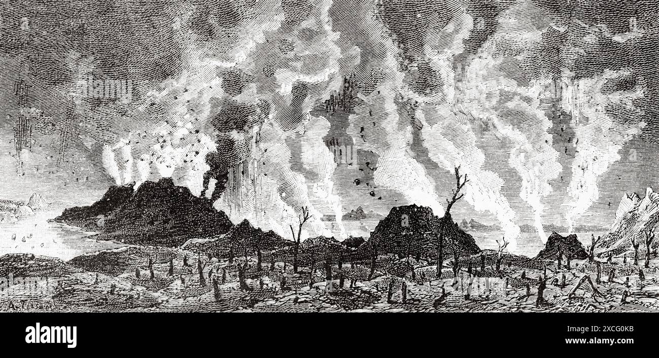The eruption of the Mount Tarawera volcano on June 10, 1886 in the ...