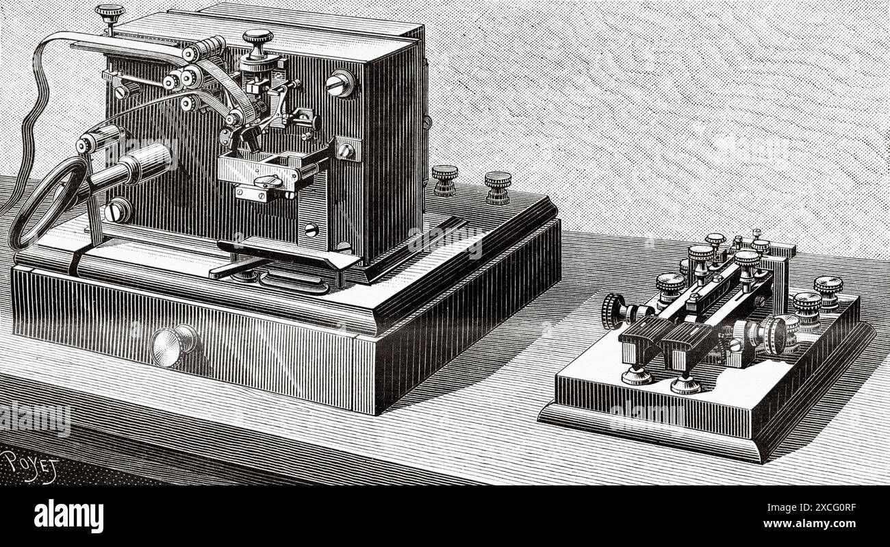 Overview of the Estienne telegraph. Old 19th century engraved ...