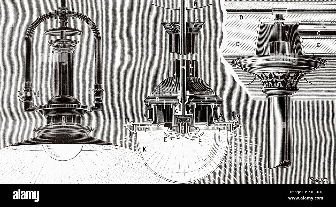 Old Wenham gas lamp. Old 19th century engraved illustration from La ...