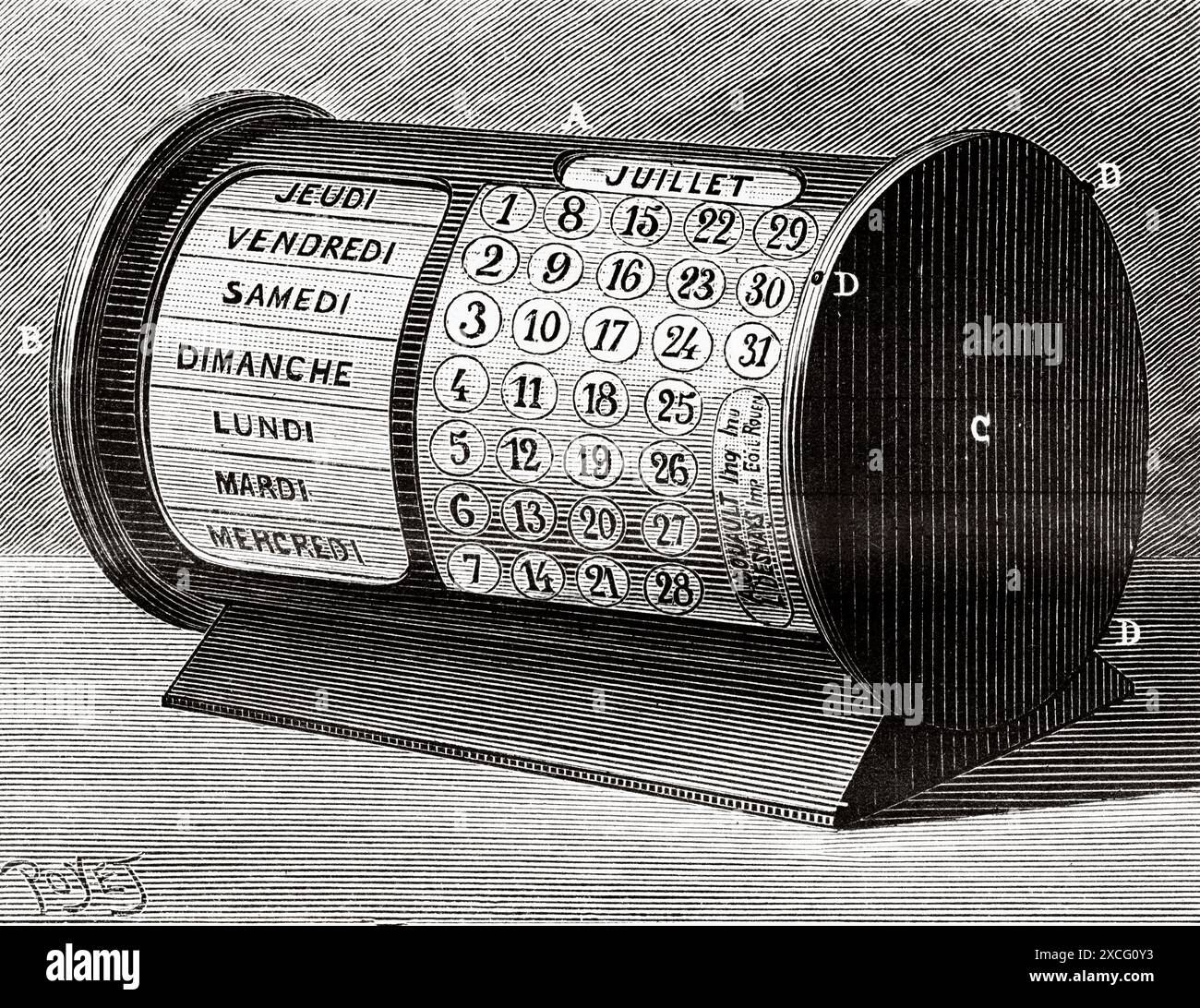 Perpetual calendar by Gouauit. Old 19th century engraved illustration ...