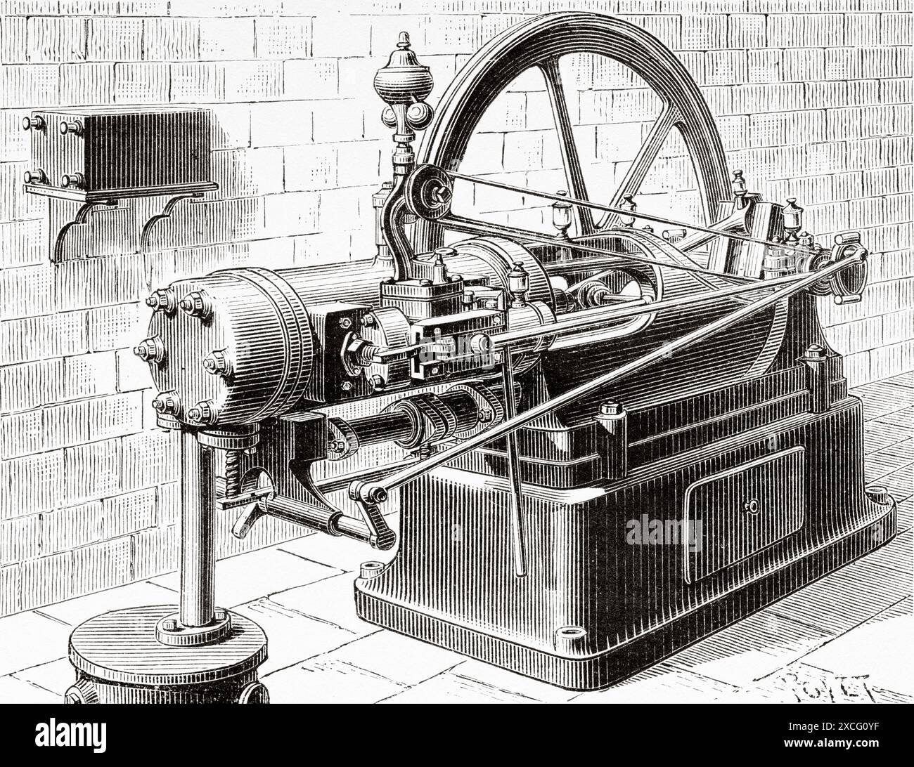 Gas engine, Carl Benz system. Old 19th century engraved illustration ...