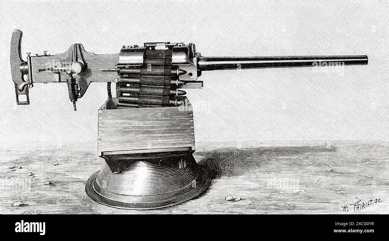 The Maxim Repeating Cannon. Old 19th century engraved illustration from ...