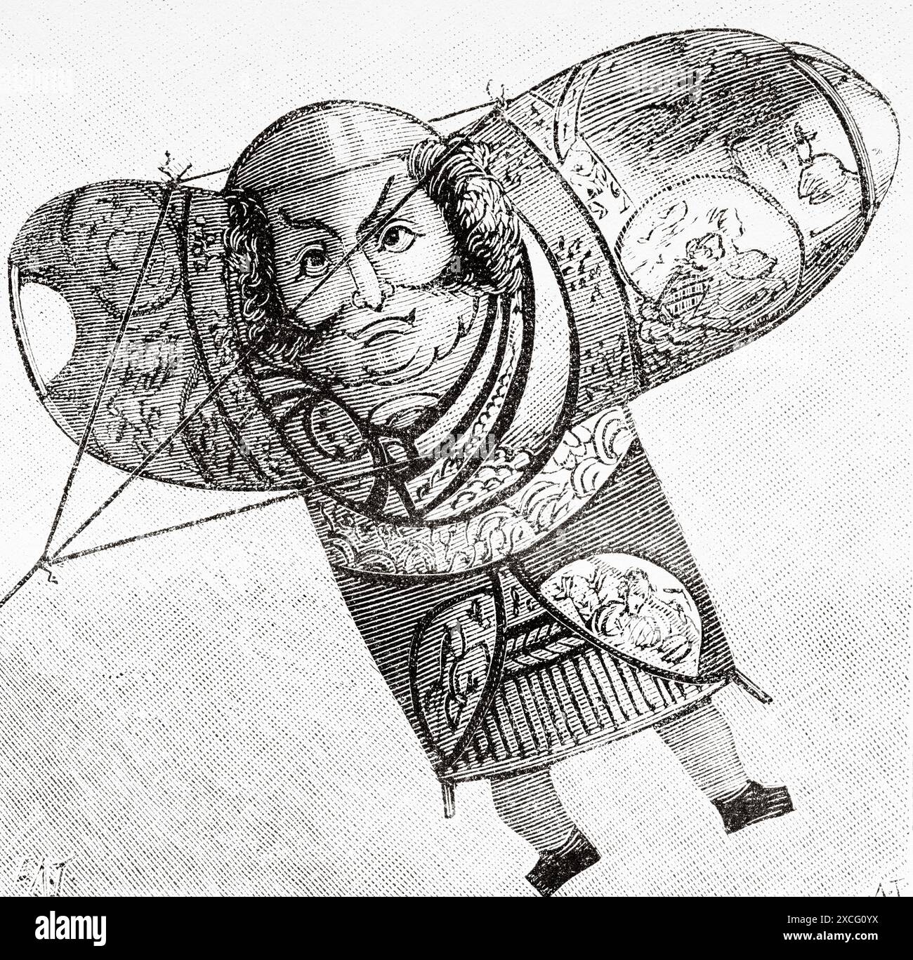 Japanese domed face kite. Old 19th century engraved illustration from ...
