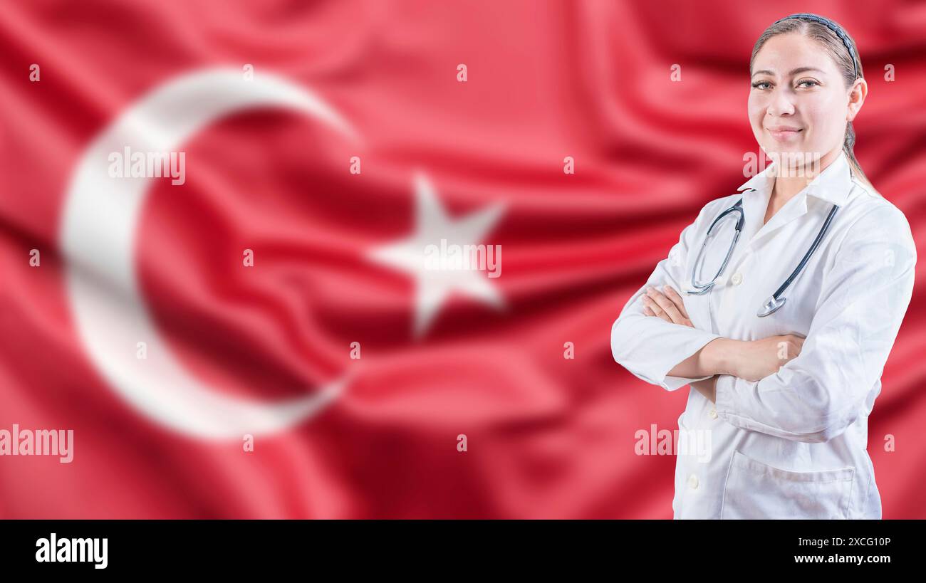 Portrait of doctor with crossed arms with Turkish flag in the ...
