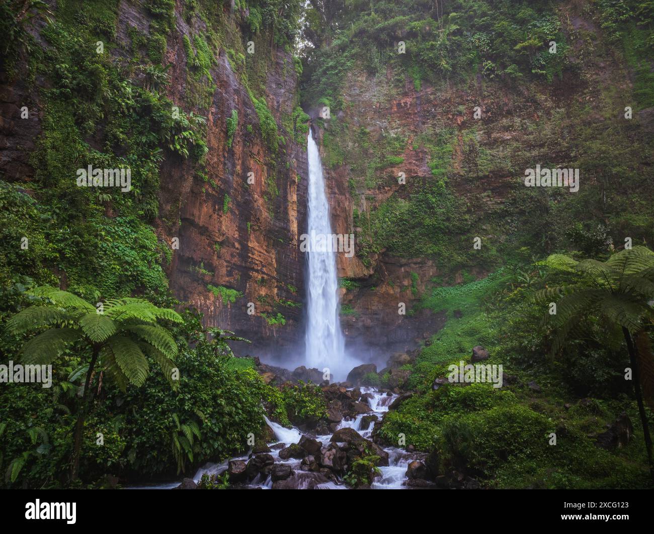 Aerial drone view of Kapas Biru waterfall in deep forest of Lumajang ...