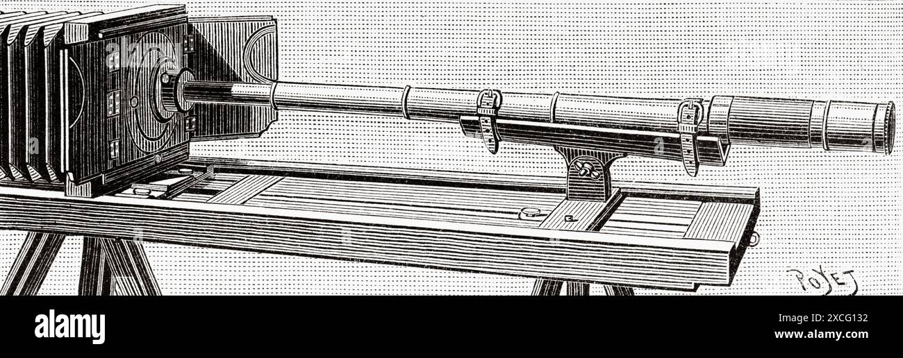 Photographic camera equipped with a telescope. Created by Lacombe. Old ...