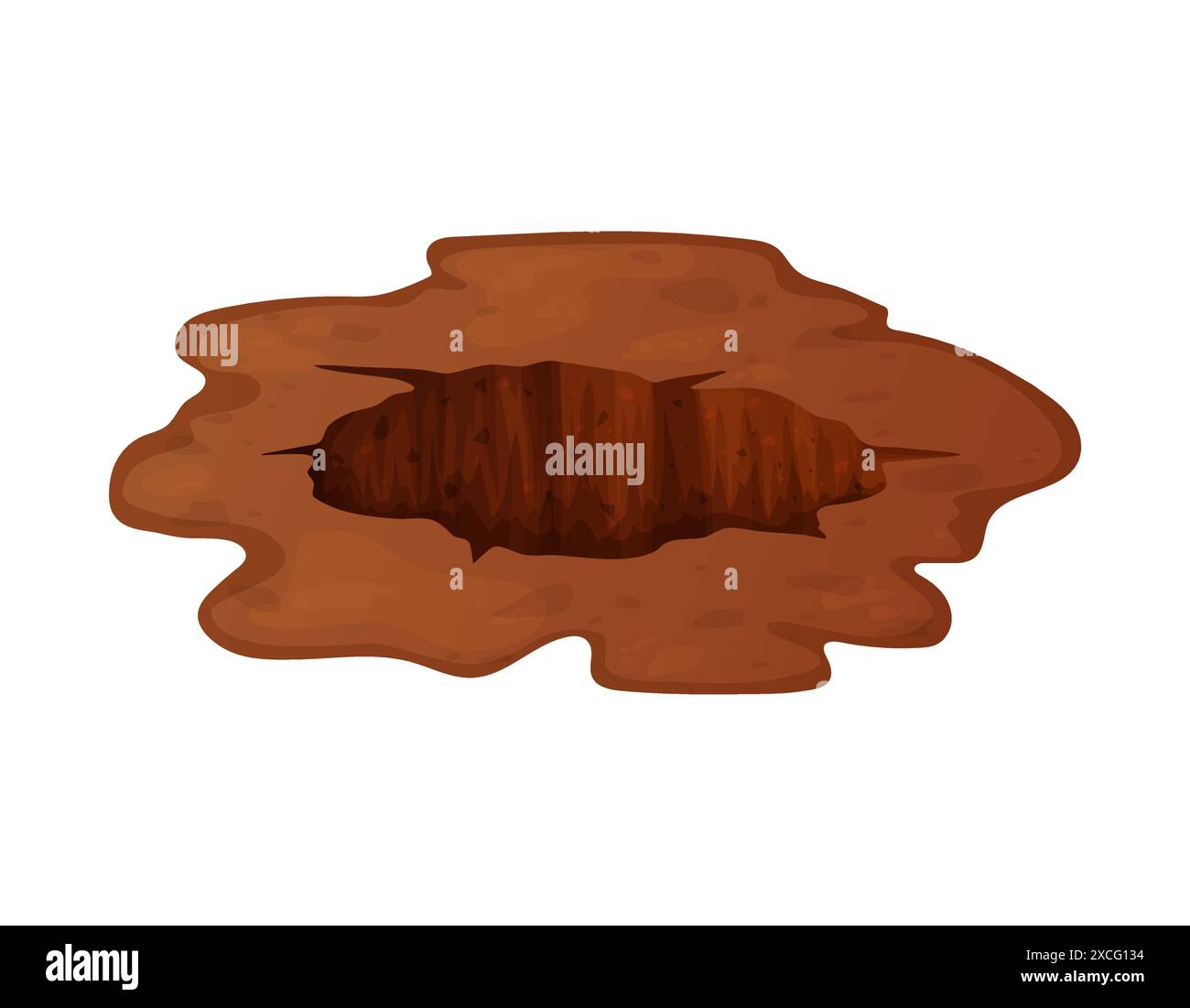 Deep hole in the ground with grass and stones. Brown soil, large cracks ...